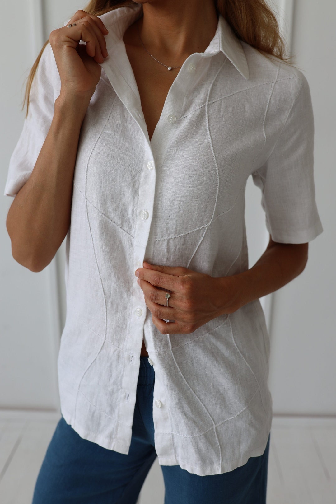 100% Linen Collared Shirt With Hand Embroidery - Etsy