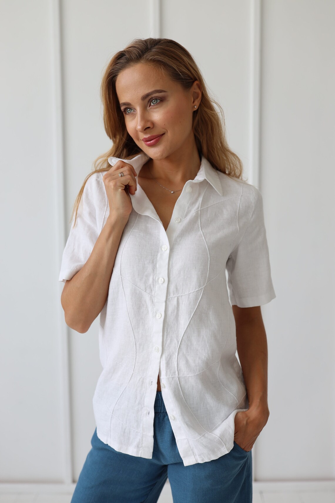 100% Linen Collared Shirt With Hand Embroidery/ 1511 - Etsy