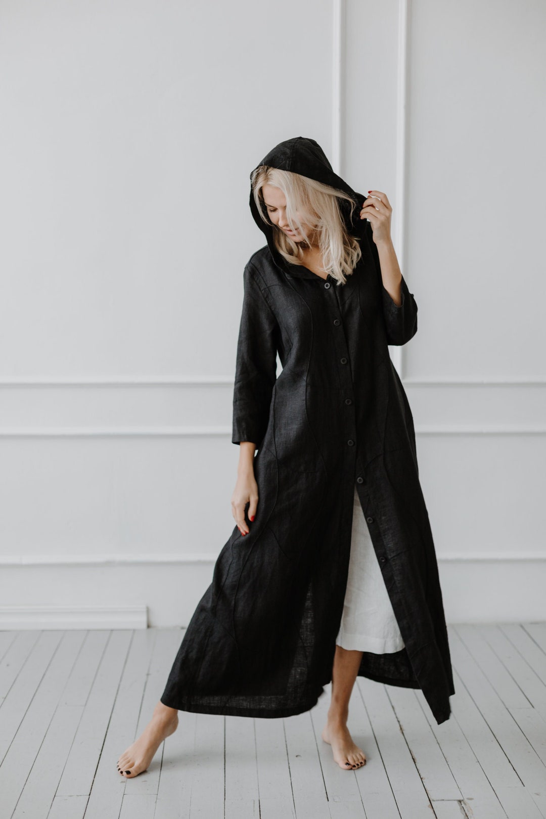 100% Linen Long Coat-dress With a Hood and With Hand Embroidery/ 1285 ...
