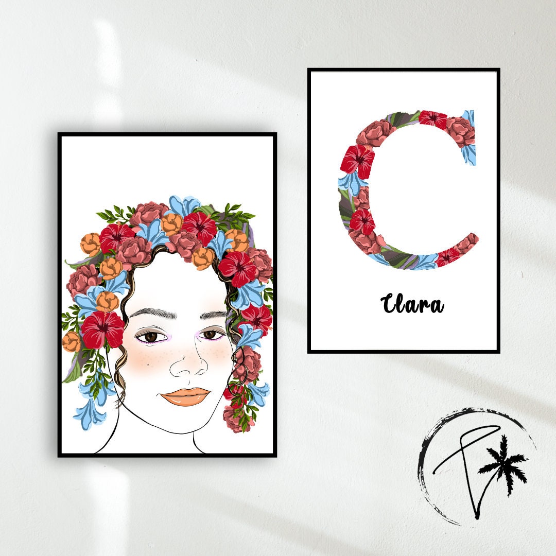 Woman Portrait Custom With Name Letter Printable Bundle of 2 for Girl ...
