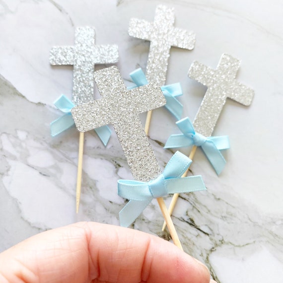 Scrapbooking 6 Glitter Cross Cupcake Toppers Christening Cupcake Topper ...