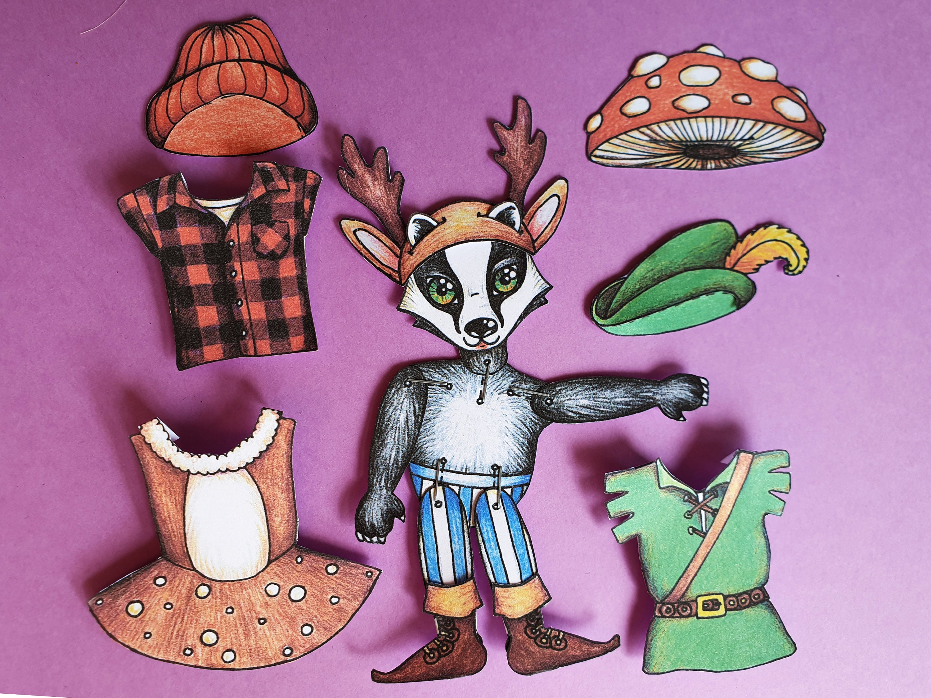 Printable Woodland Paper Doll, Articulated Badger Dress up Game, Animal ...