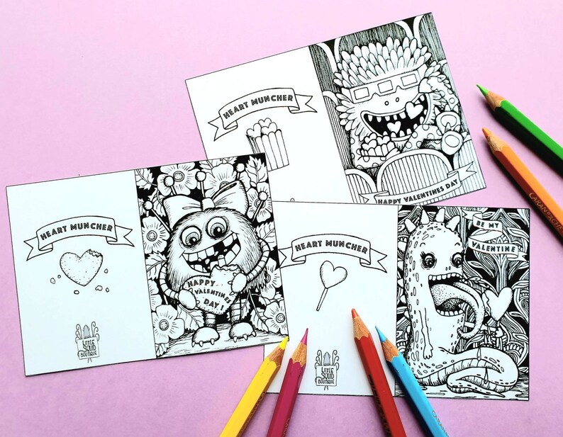 Monster Valentine Colouring Cards: Printable Mini Valentines Craft ...