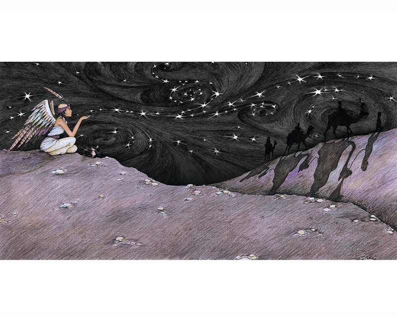 Guardian Angel in Starry Night Printable Art Bohemian Angel - Etsy