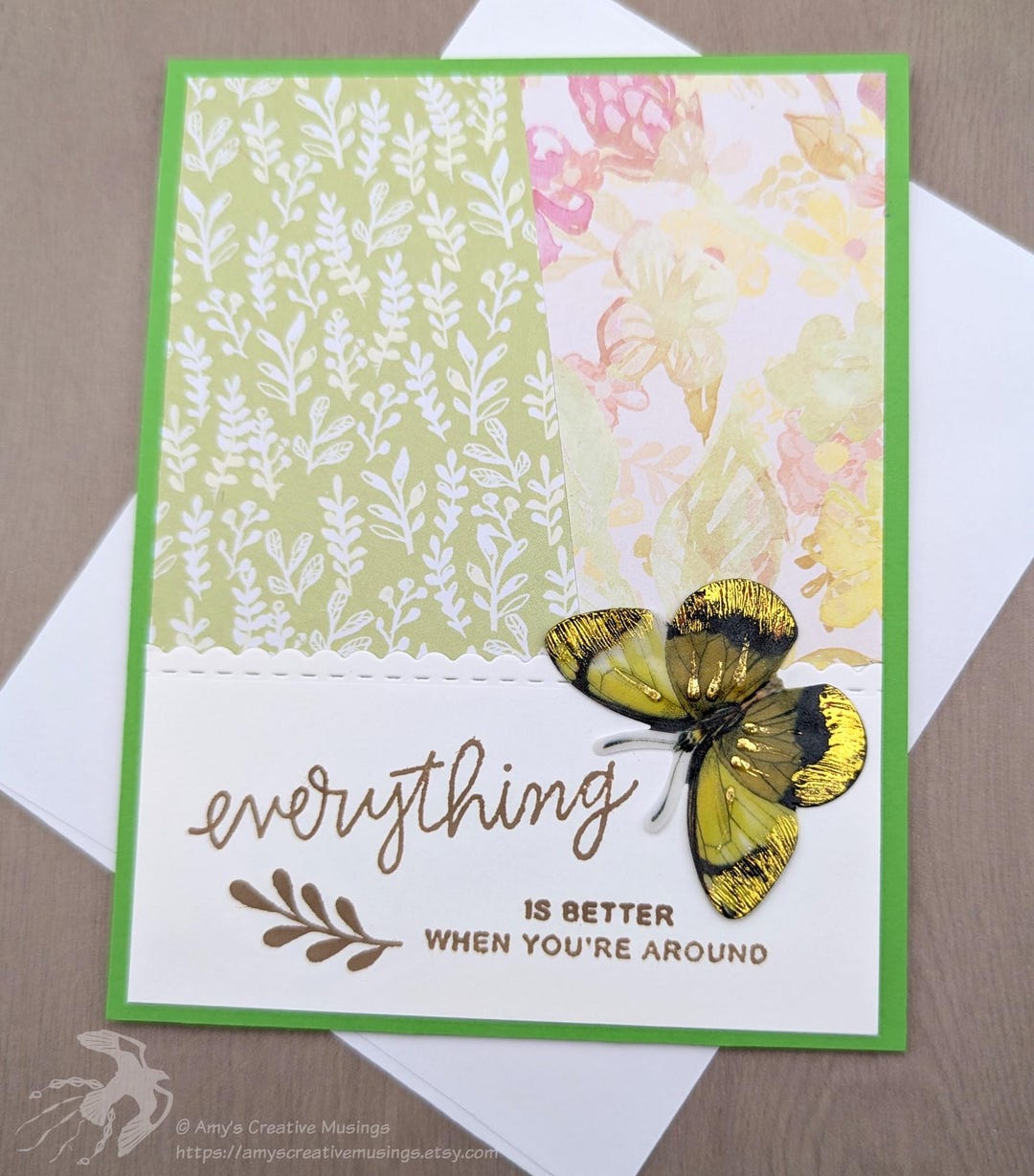 Handmade Appreciation or Thank You Card: Green and Pink Leaves, Floral ...