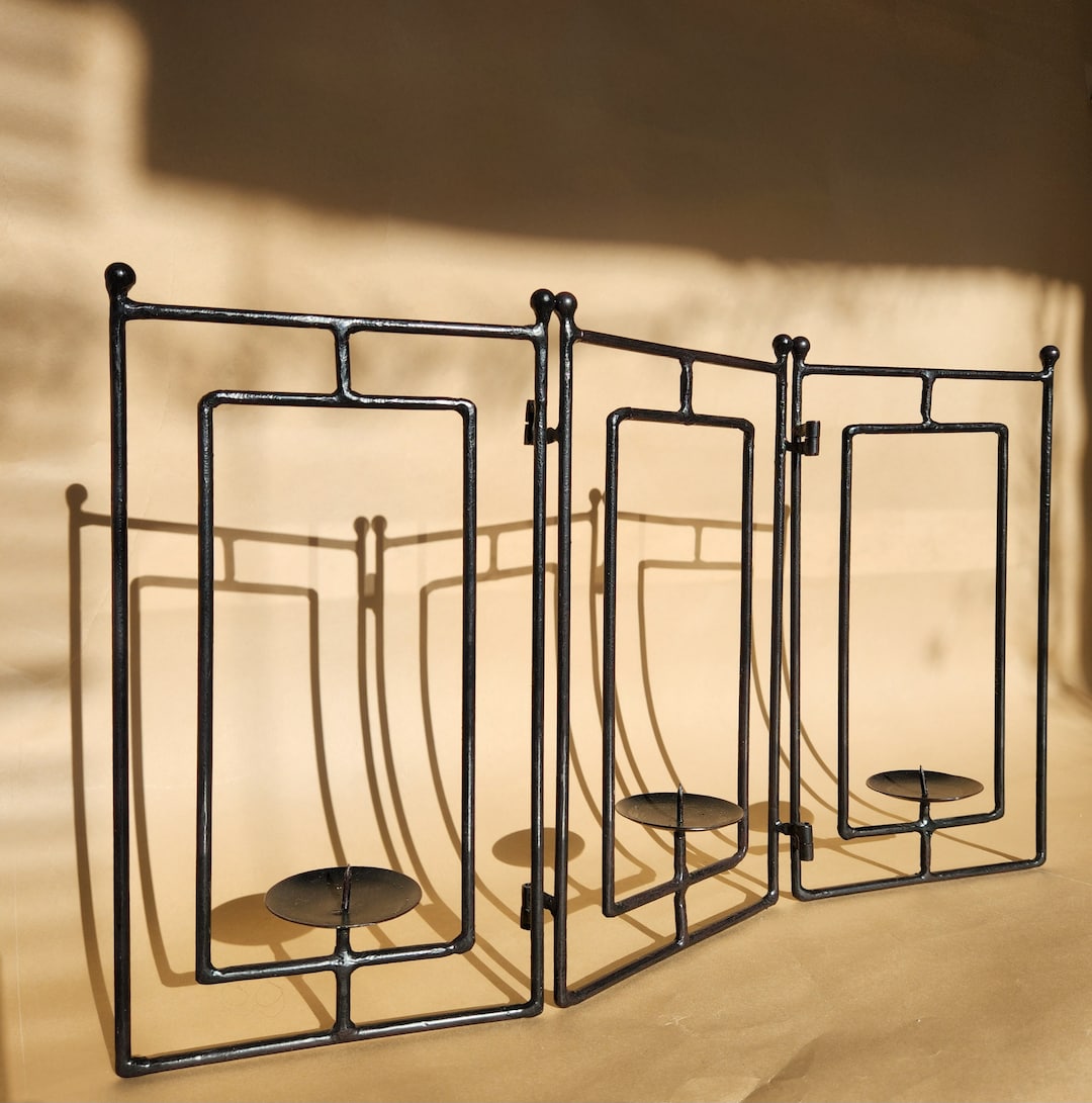 Wrought Iron Foldable Candle Holder / Tri-fold Brutalist Metal Hinged ...