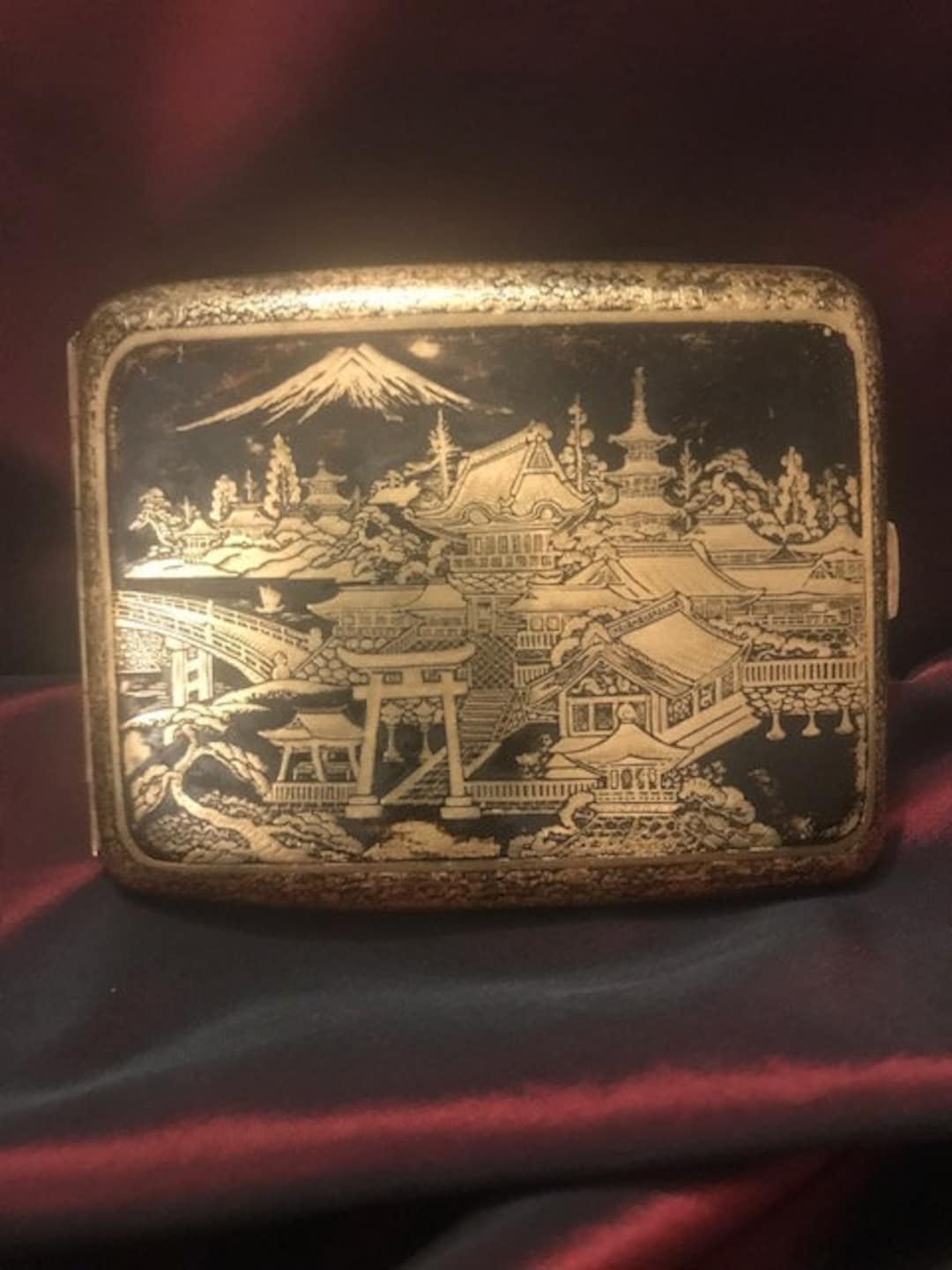 1930's Damascene Japanese Cigarette Case With Hp[69omt. Fuji and Willow ...