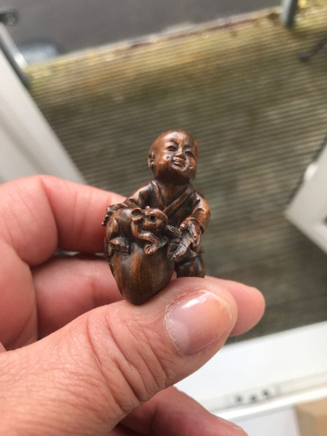 Cute Wooden Japanese Netsuke Young Child Holding a Nut With a Beautifully Carved Little Mouse on ...