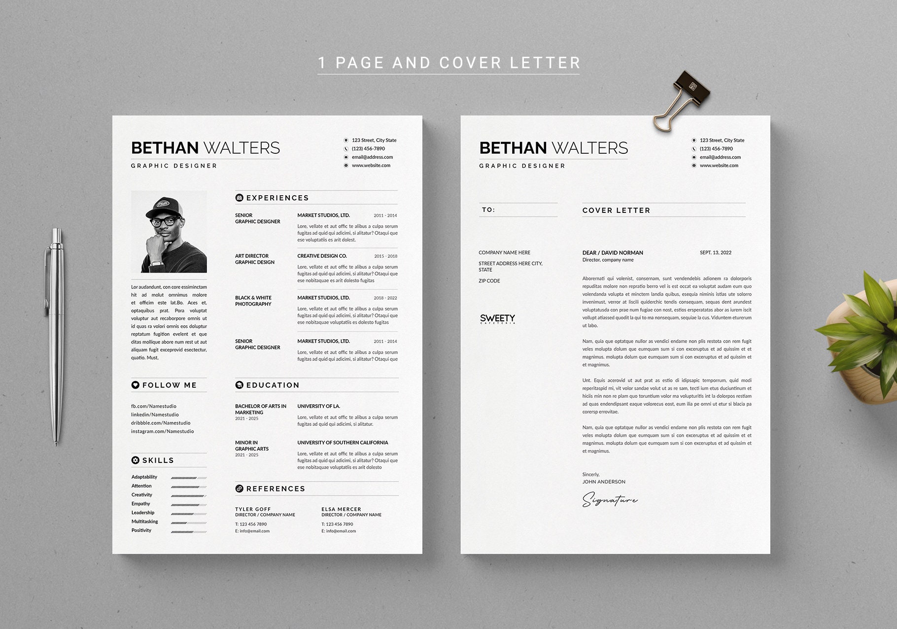 Minimal Clean Resume Template, CV Resume and Cover Letter, Professional ...