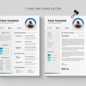 Resume CV Template, One Page Resume and Cover Letter, Professional ...