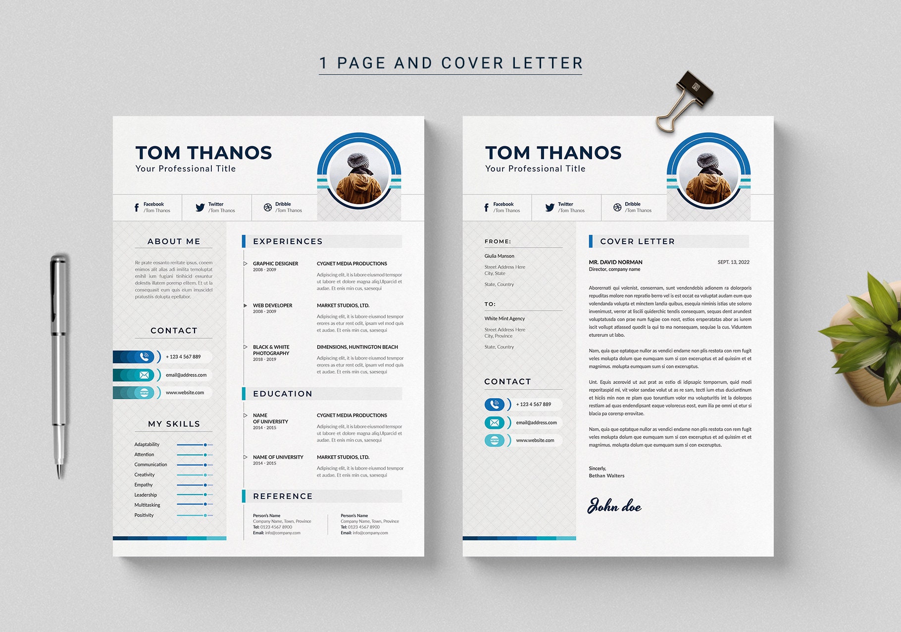 Resume CV Template, One Page Resume and Cover Letter, Professional ...