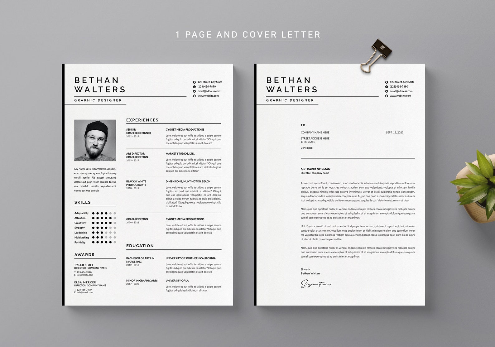 Minimal Resume CV Template, Including Cover Letter, Professional ...