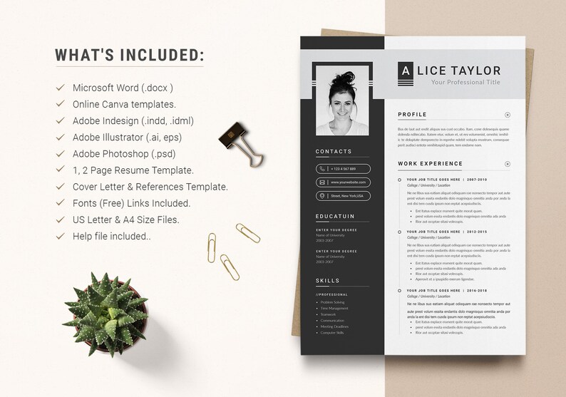 Resume Template, Cover Letter, References, A4 & US Letter, Compatible ...