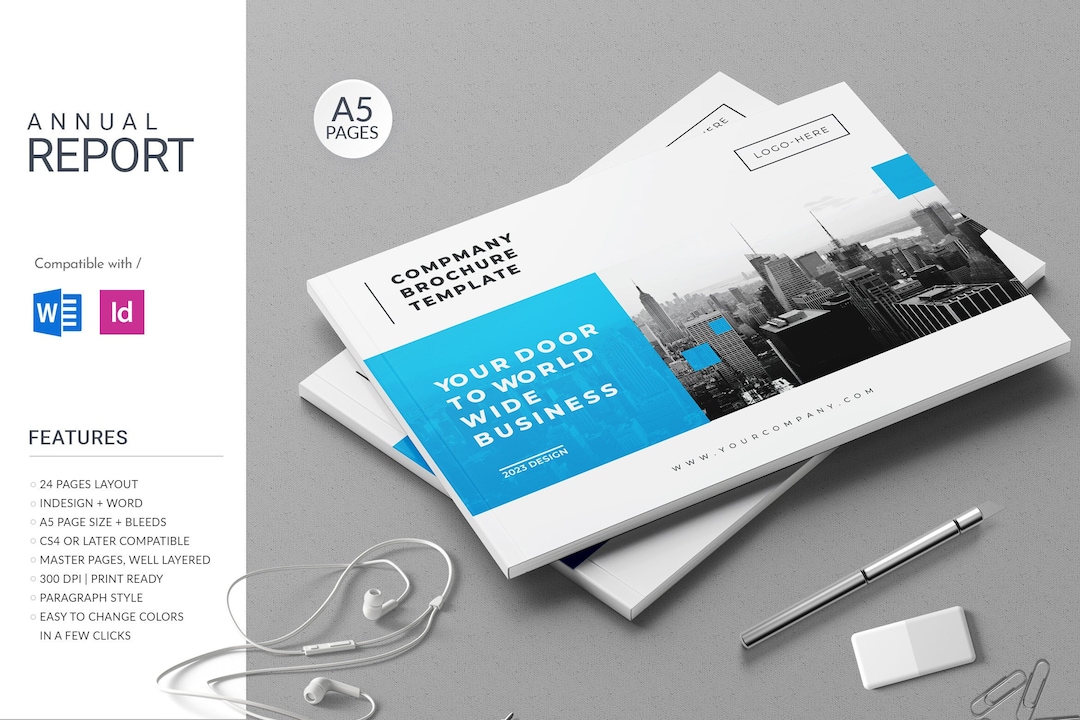 A5 Company Brochure, 24 Custom Pages, Microsoft Word Template, Blue ...
