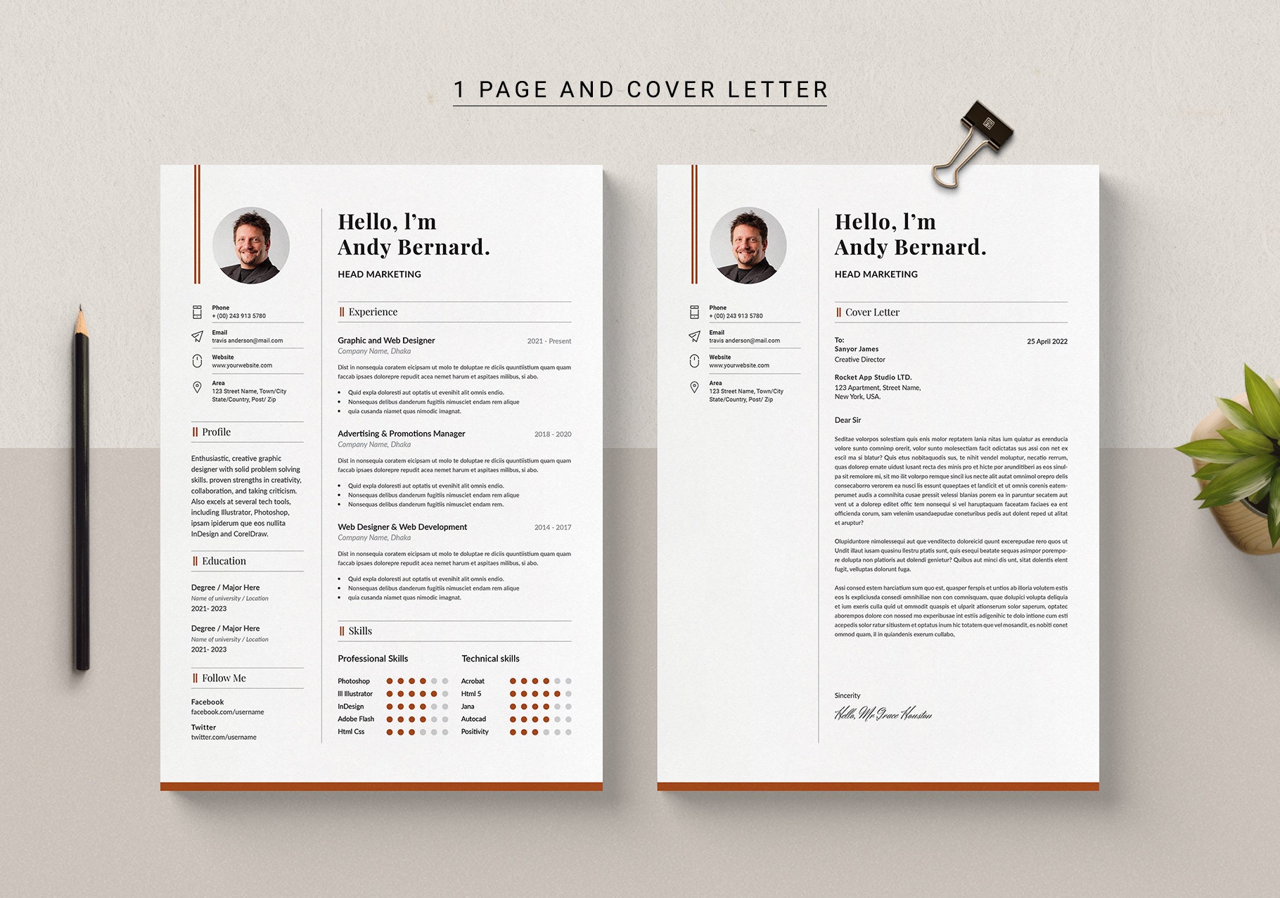Clean Resume CV Template, One Page Resume and Cover Letter ...