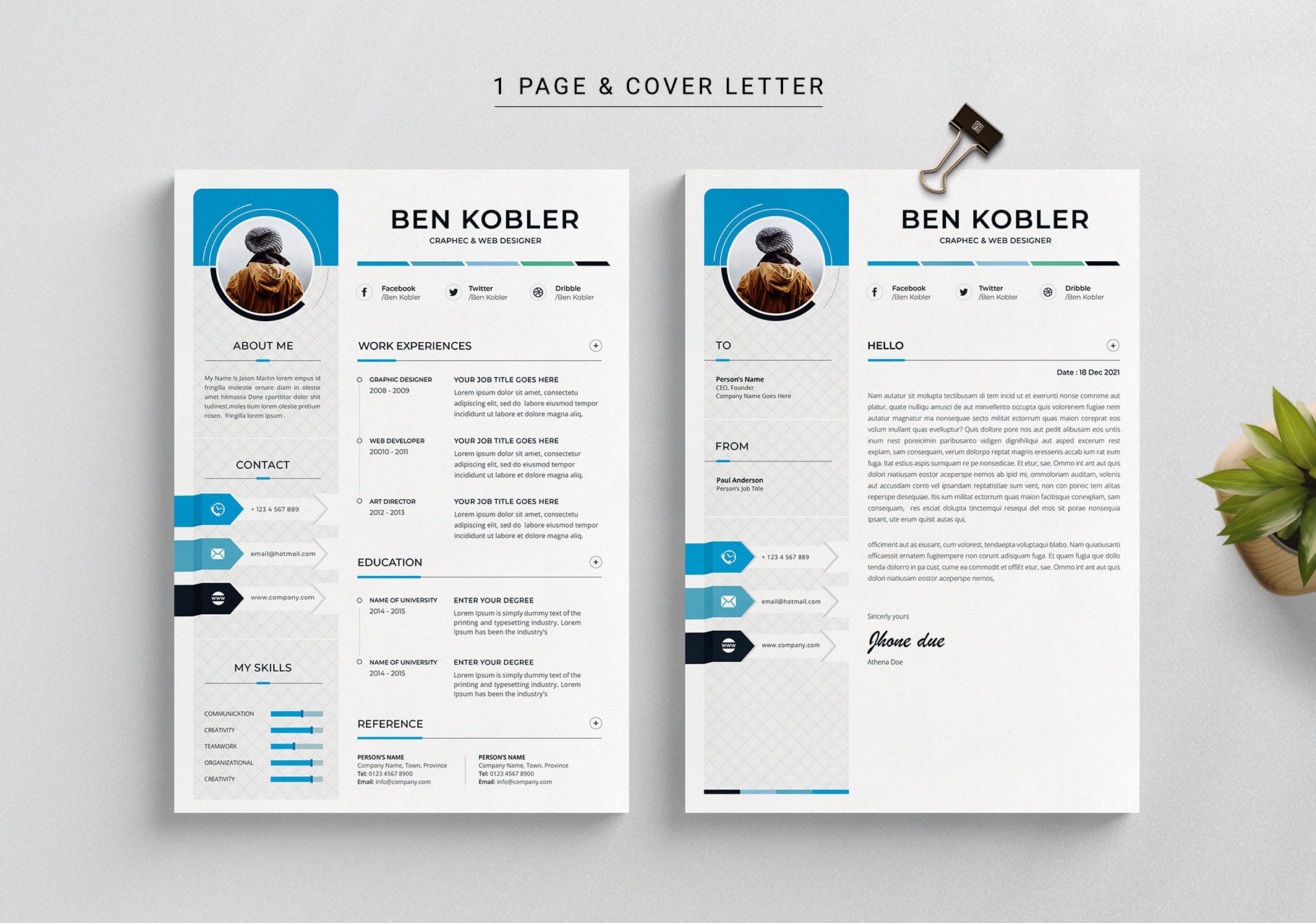 Creative Resume CV Template, Cover Letter, Business Card, A4 Resume ...