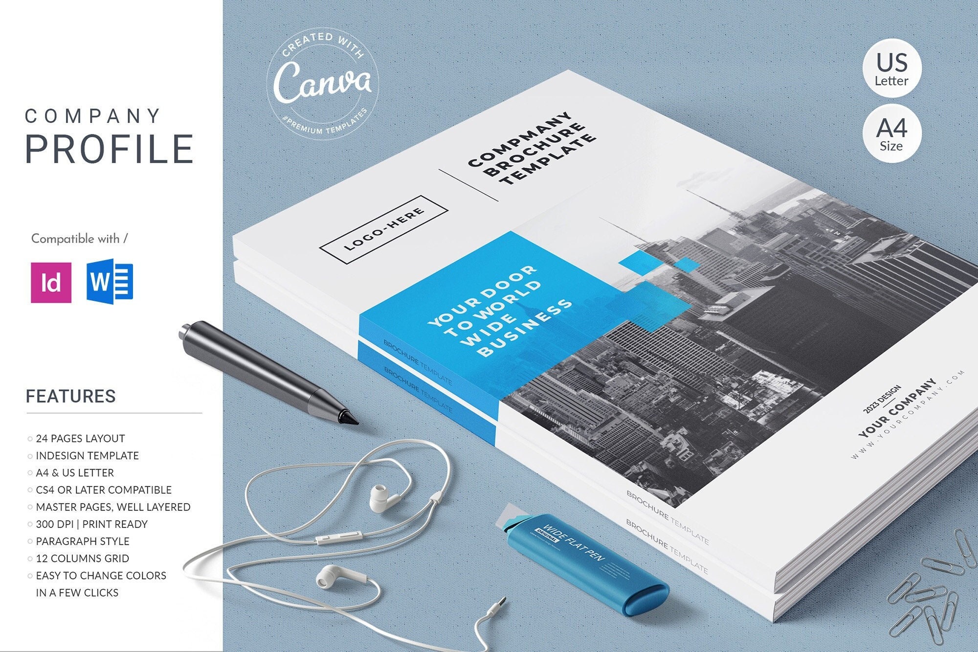 Blue Company Profile Template, 24 Pages , A4 & US Letter Size, Indesign ...