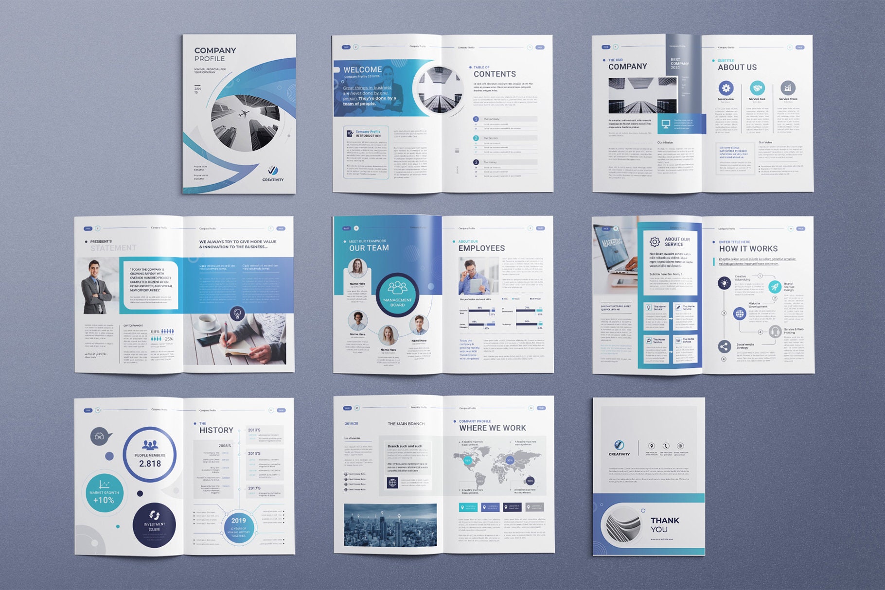 Company Profile Template, Blue Layout, Editable Indesign, Word, Canva ...