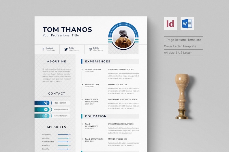 Resume CV Template, One Page Resume and Cover Letter, Professional ...