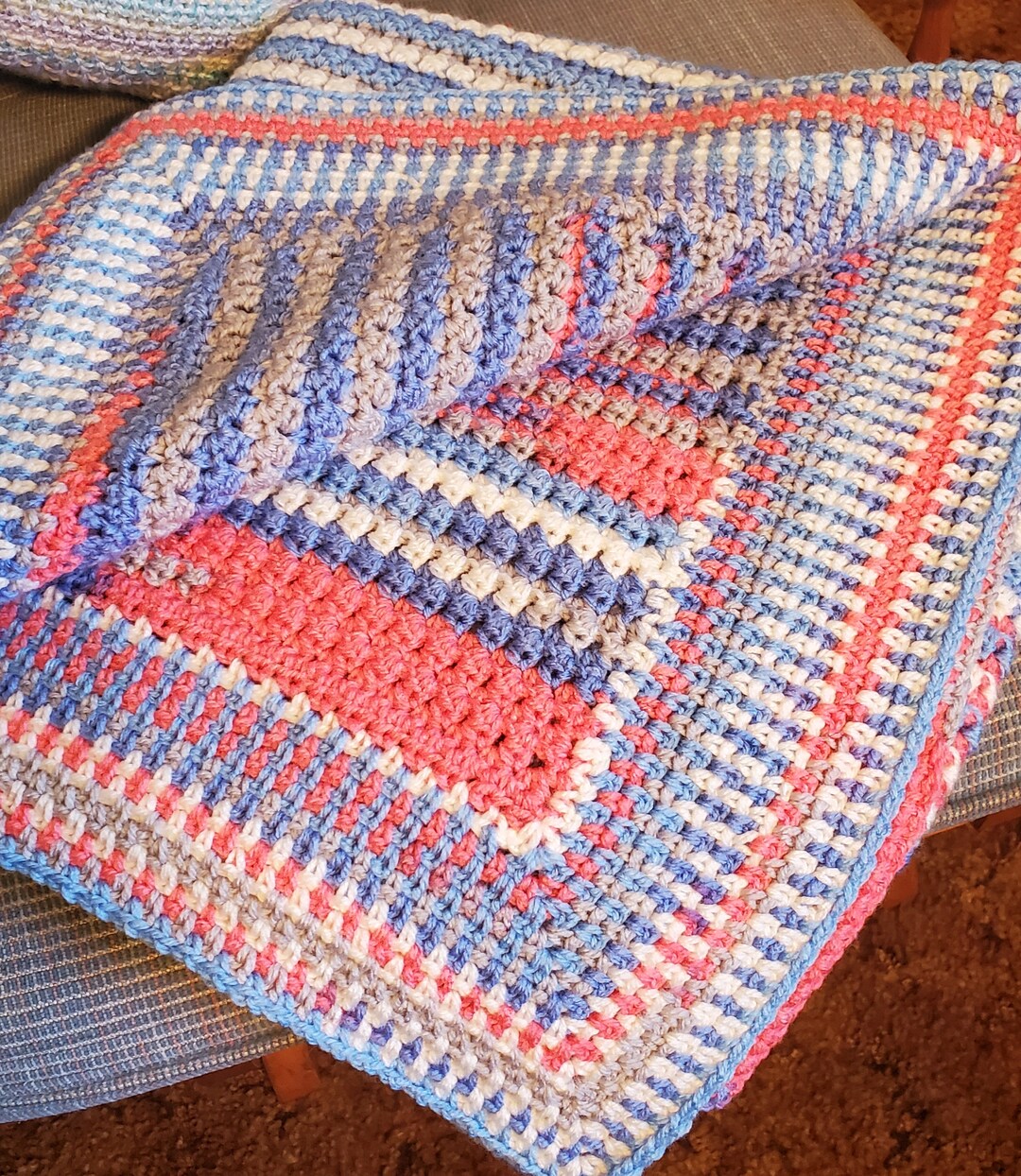 Baby Blanket, Multi-colored Baby Yarn W/blue, White, Gray and Dusty ...