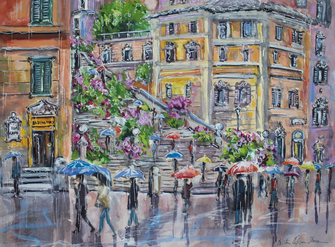 Romantic Rome, the Spanish Steps, Original Gouache and Watercolor ...