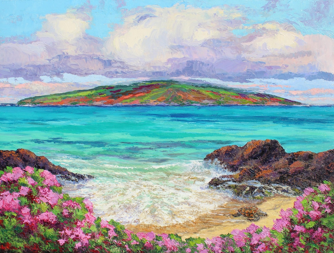 Maui Beach Canvas - Original Maui Oil Painting - Sea Turtle on Beach ...