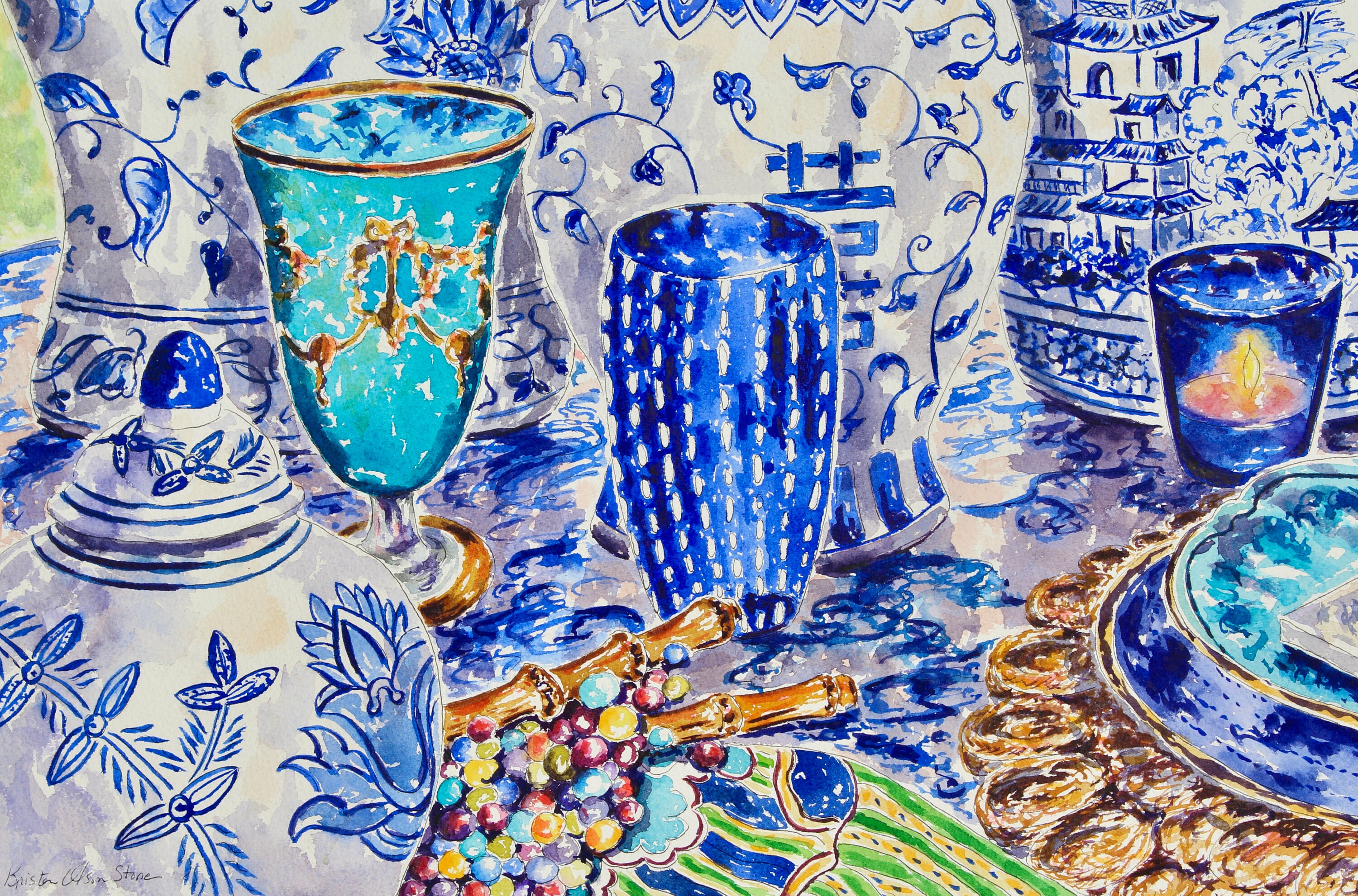 Chinoiserie Table Style, 25.5" Square Original Floral Watercolor With ...