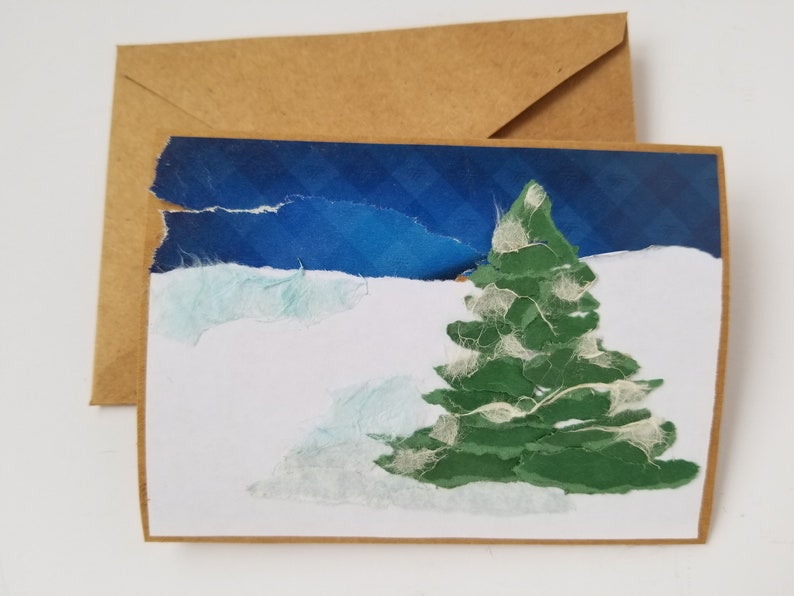 Torn Paper Collage Card, Winter Scene, Evergreen Tree, Blank Inside - Etsy