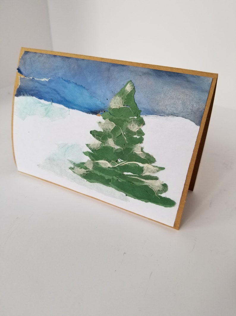 Torn Paper Collage Card Winter Scene Evergreen Tree Blank - Etsy