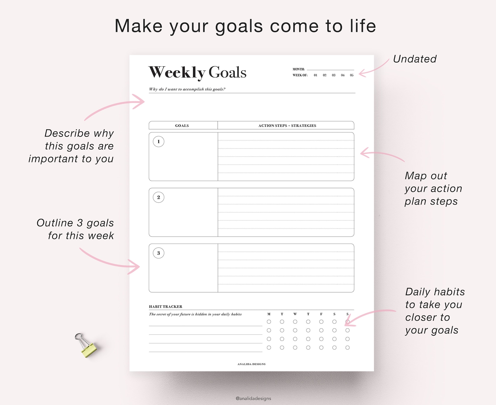 Weekly Goal Planner Printable: Habit Tracker (US Letter, A4, A5 ...