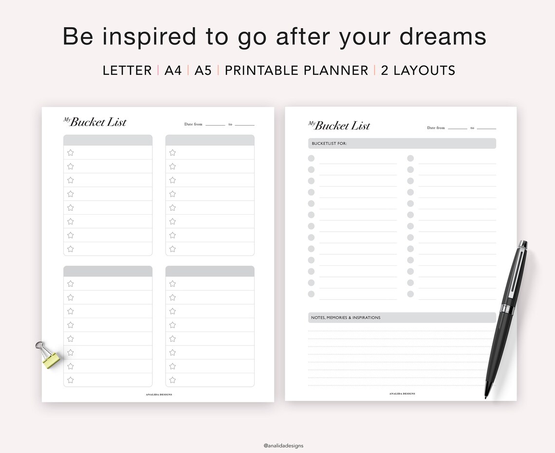 Bucket List Printable Bucket List Planner Insert Bucket List | Etsy