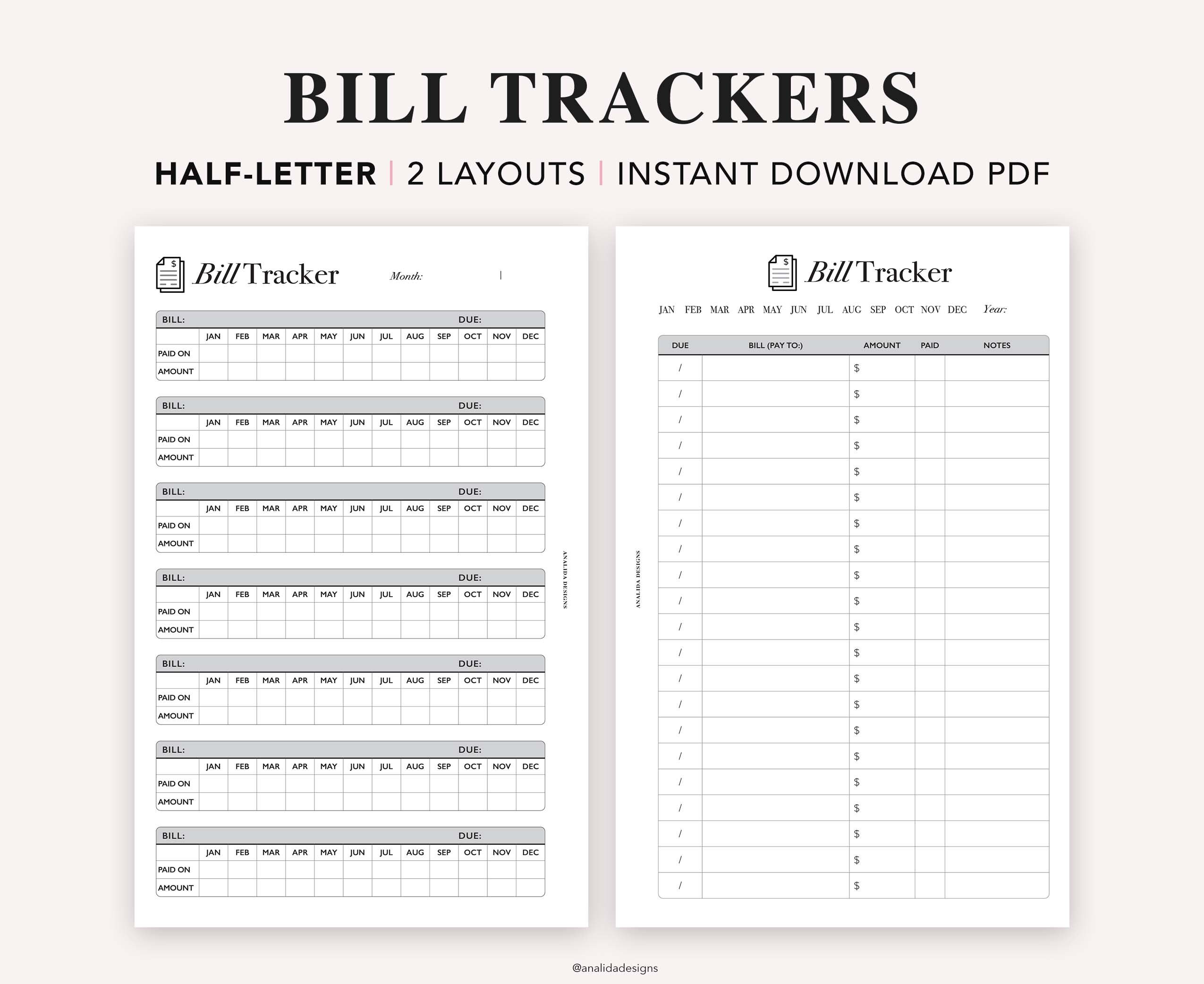 HALF LETTER Bill Tracker Printable Budget Planner Monthly - Etsy