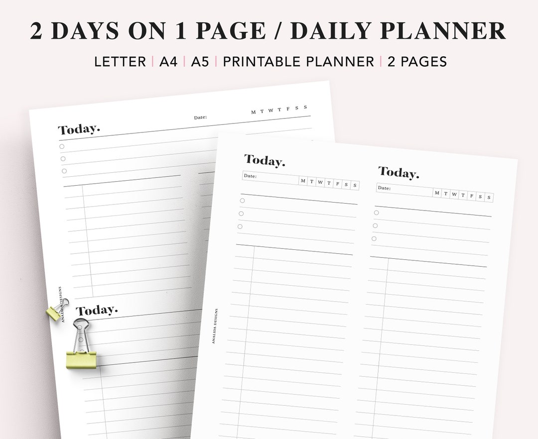 2 Days on 1 Page Daily Planner Insert, Day Planner, Daily to Do List ...