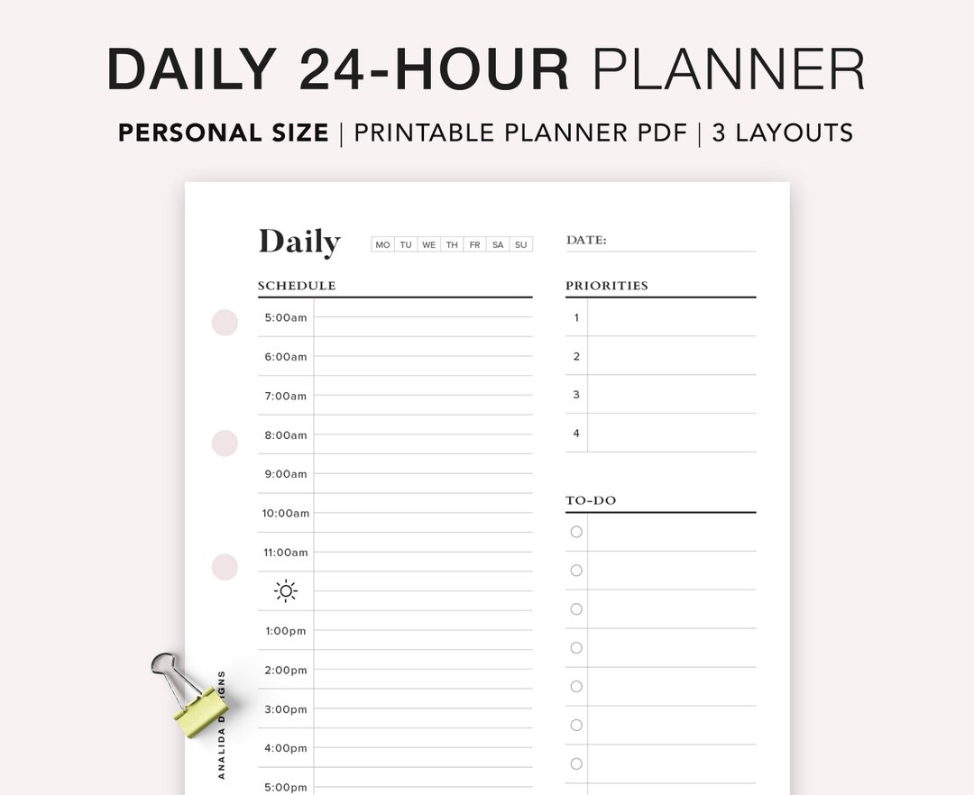 24 Hour Daily Planner Printable: Personal Size, Time Blocking (PDF) - Etsy