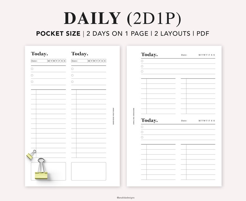 Pocket Daily Planner Insert: 2-day Layout (PDF) - Etsy