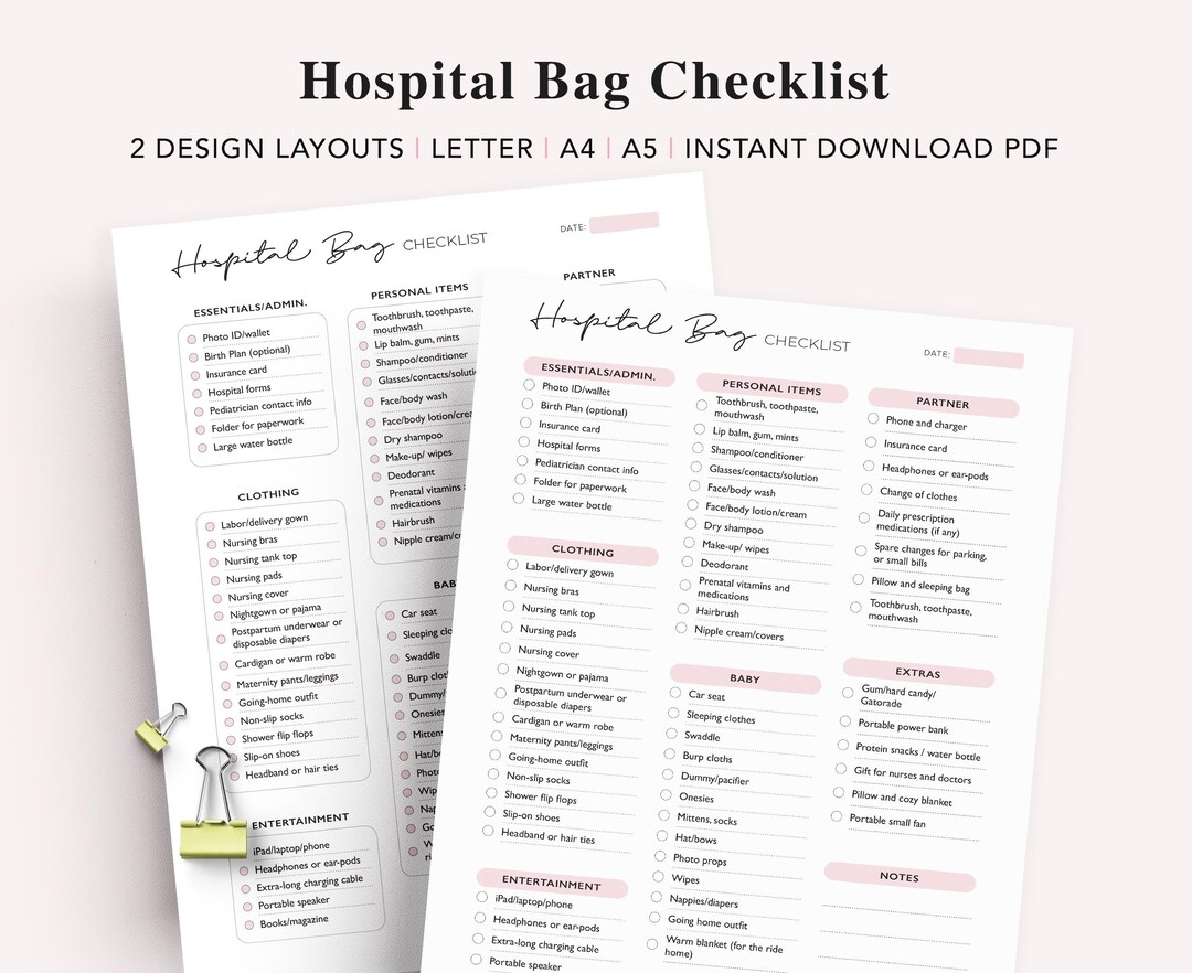 Hospital Bag Checklist Printable: Minimalist Pink Design (PDF) - Etsy