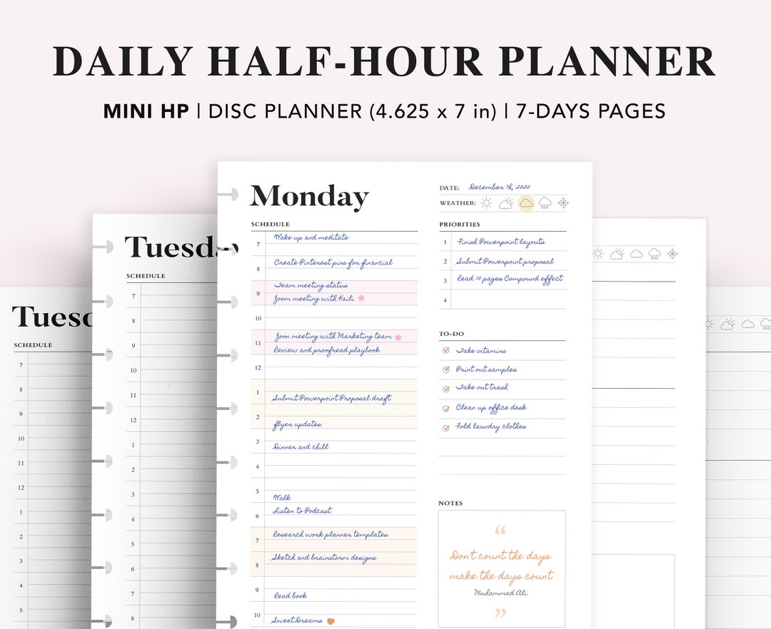 Mini HP 7 Day Planner Printable, Daily Half Hour Planner, Undated Daily ...