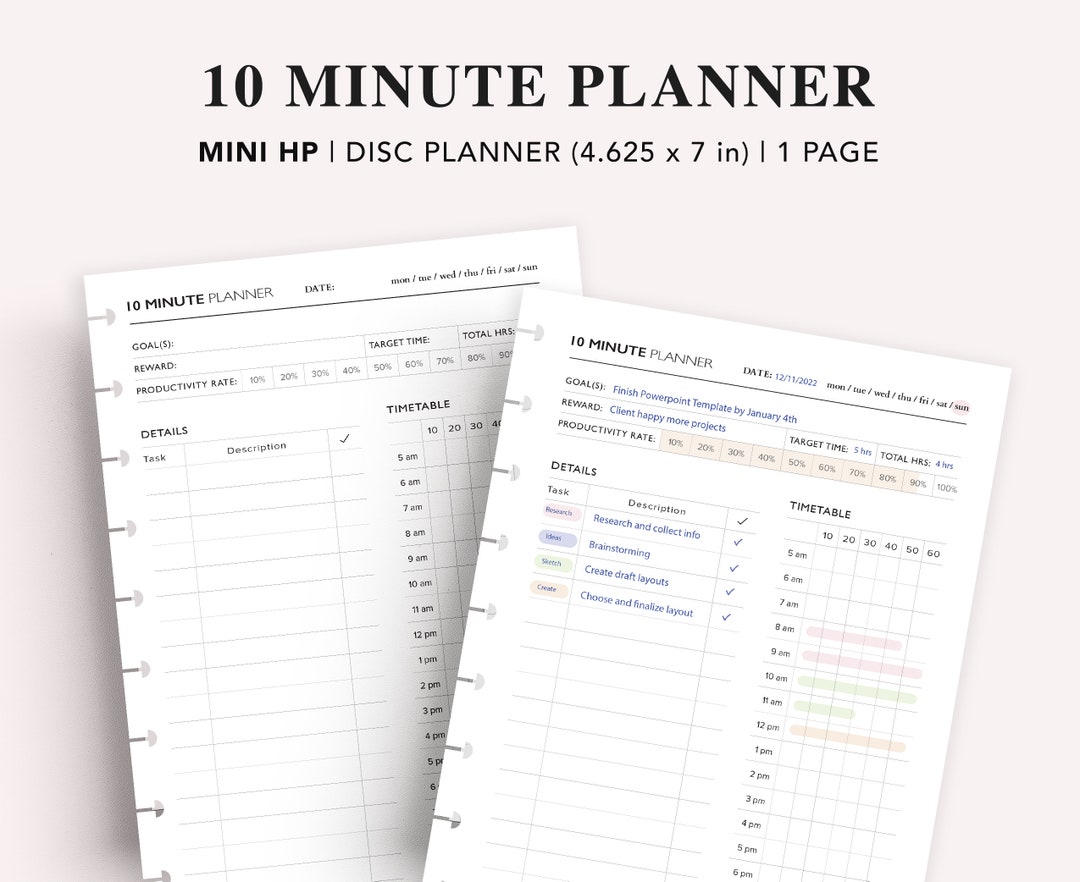 Mini HP Planner Inserts, 10 Minute Planner Printable, Time Management ...