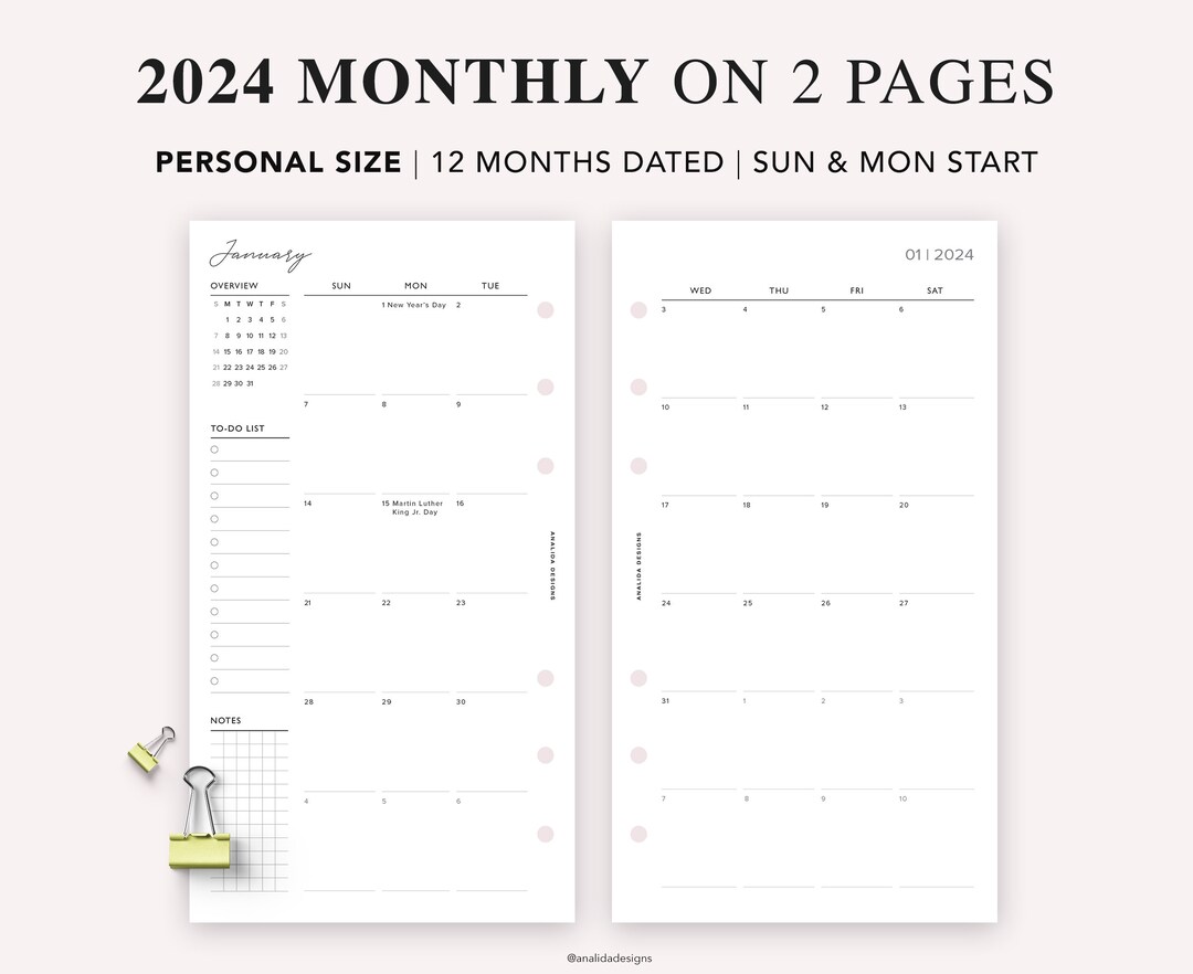 PERSONAL 2024 Dated Monthly Calendar Printable Planner, Month on Two ...