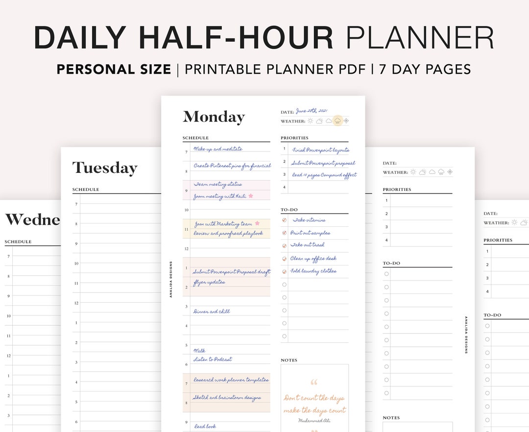 PERSONAL 7 Day Planner Printable, Daily Half Hour Planner, Undated ...
