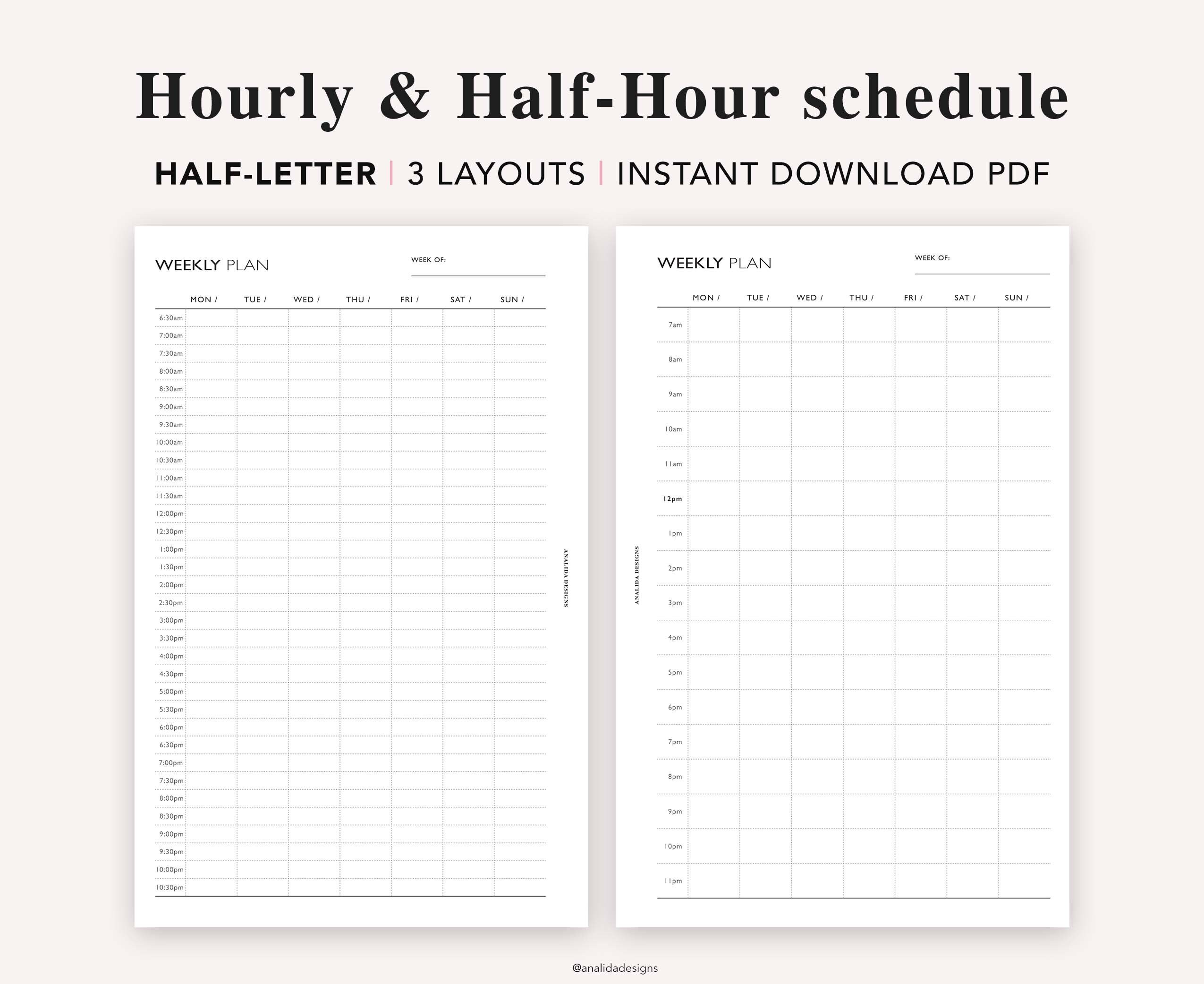 Half Letter Weekly Planner: Printable Hourly Schedule (PDF) - Etsy