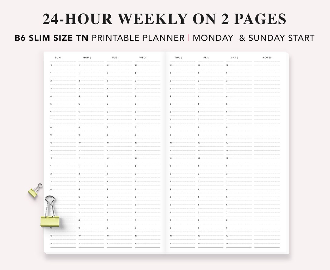 B6 Slim TN Printable, 24 Hour Weekly Schedule on 2 Pages, Week at a ...