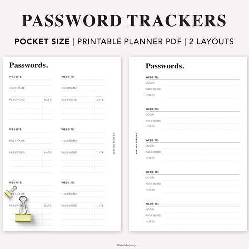 POCKET Password Tracker Insert Printable Password Template - Etsy