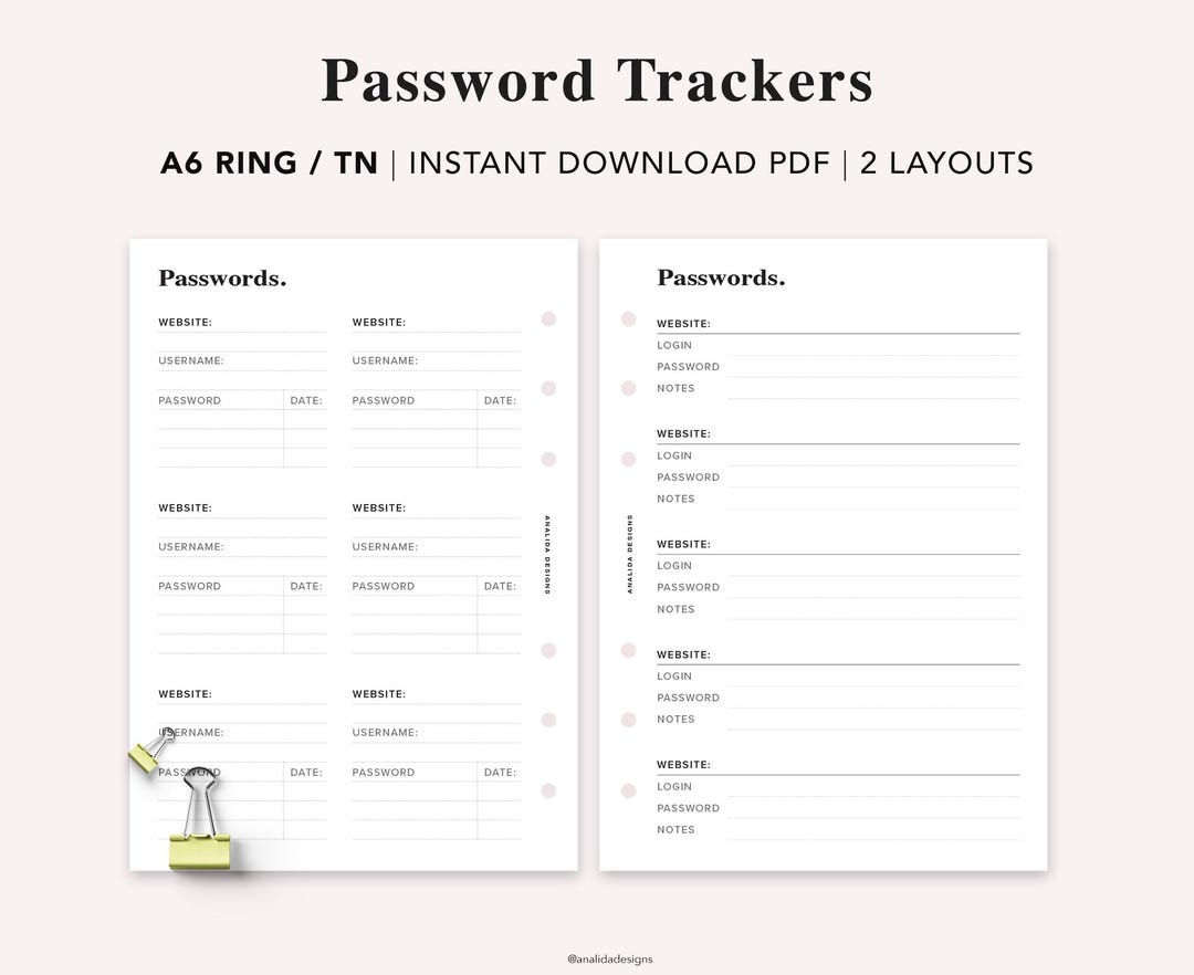 A6 Password Tracker Insert: Printable Password Organizer (PDF) - Etsy