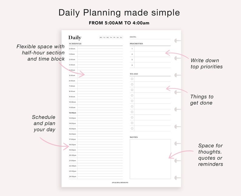 24 Hour Daily Planner Printable: Military Time, HP Classic (digital ...