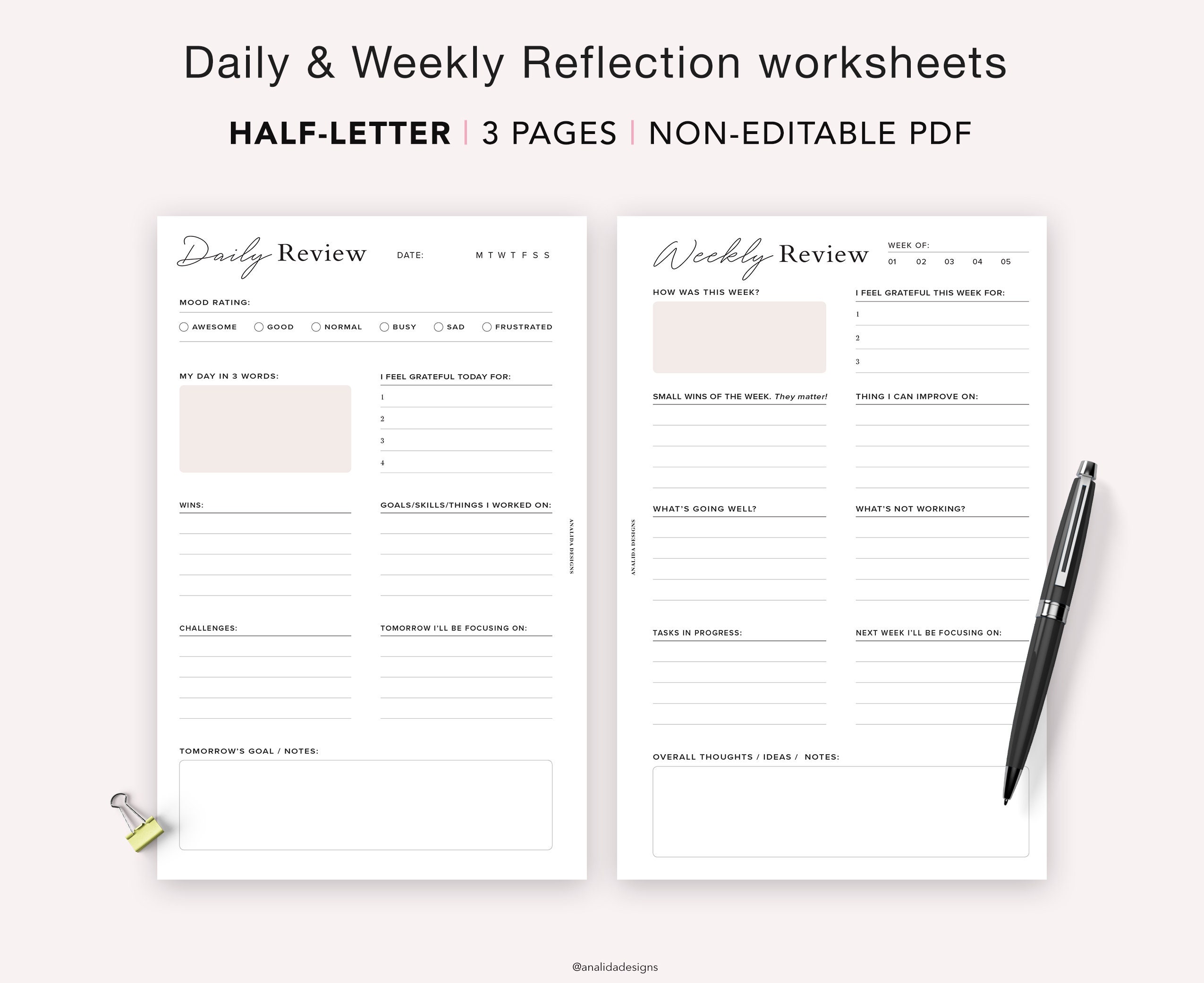 HALF LETTER Weekly Reflection Journal Inserts Daily | Etsy