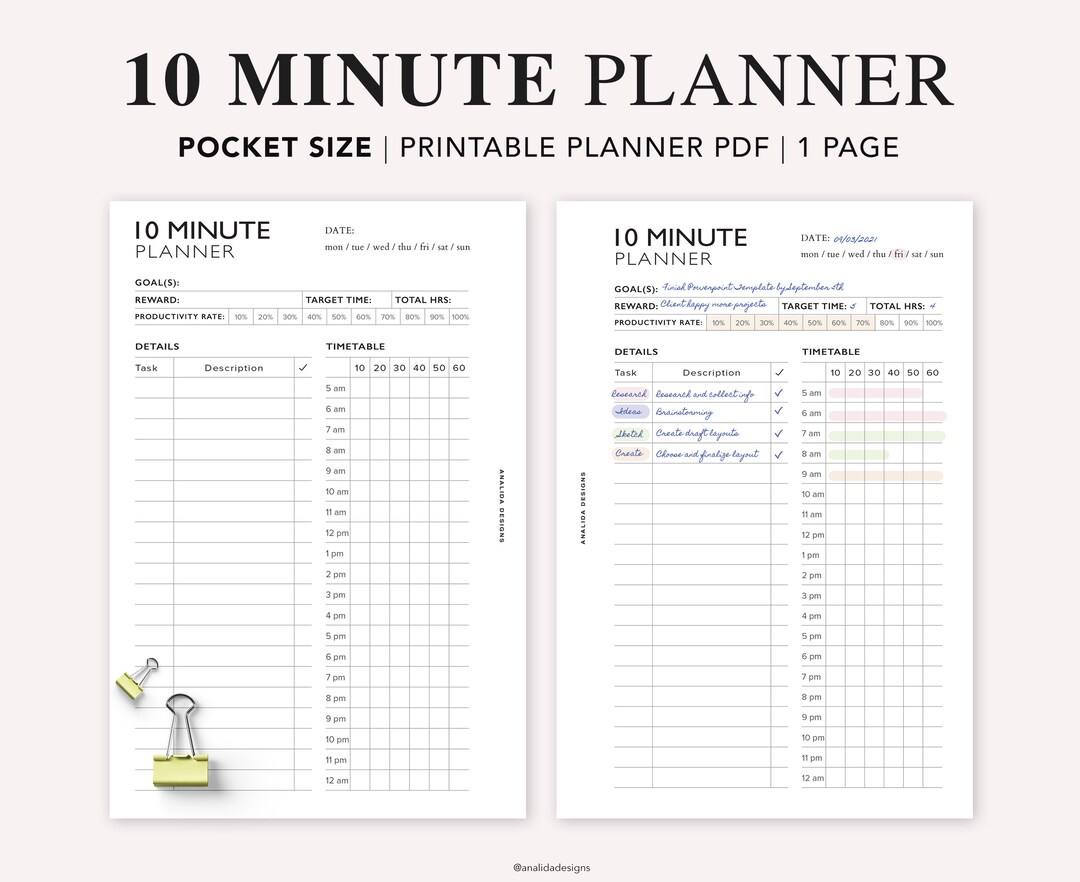10 Minute Planner Printable: Pocket Size Time Tracker (PDF) - Etsy
