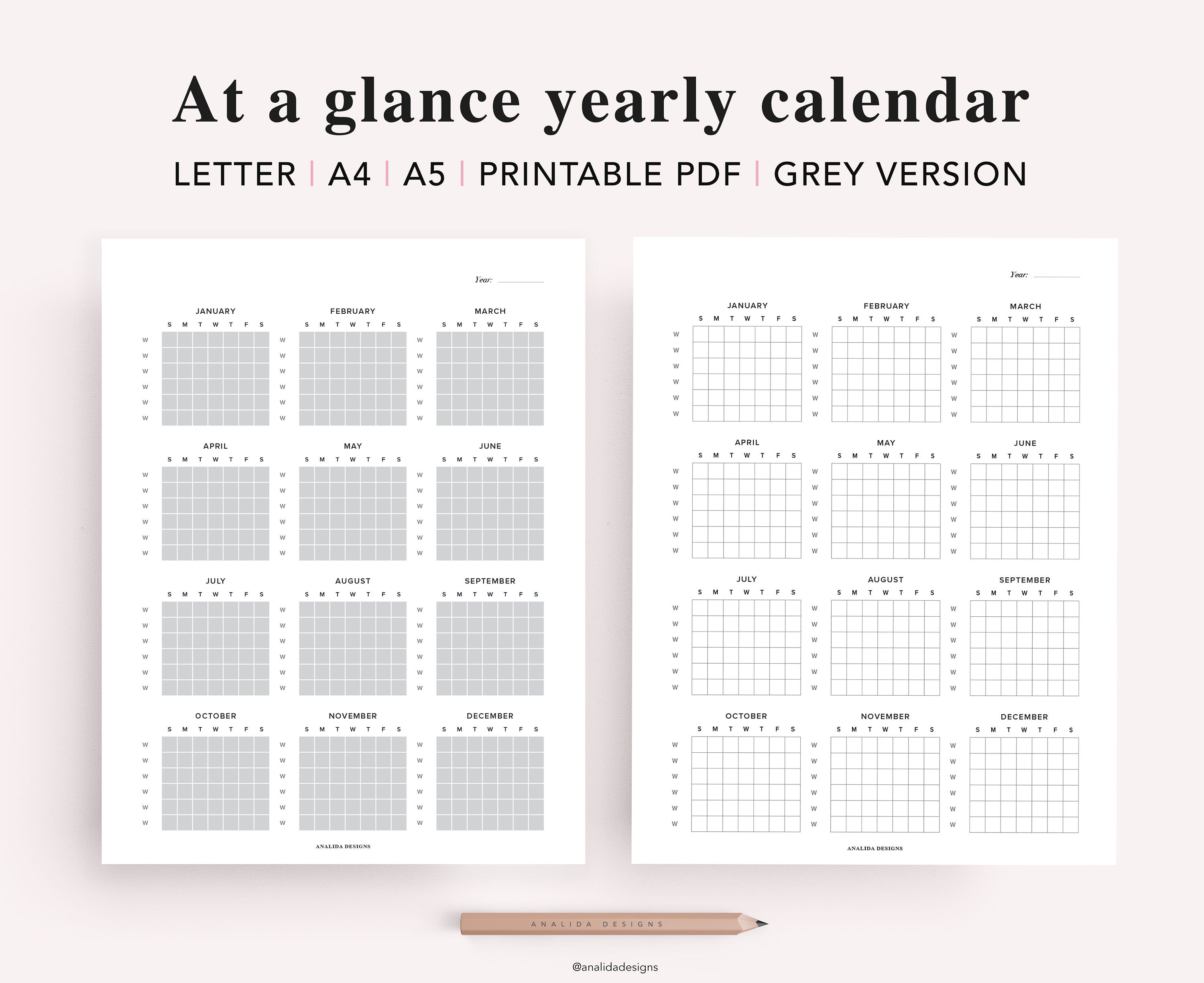 Calendar Printable Undated Yearly Calendar Annual Calendar - Etsy 日本