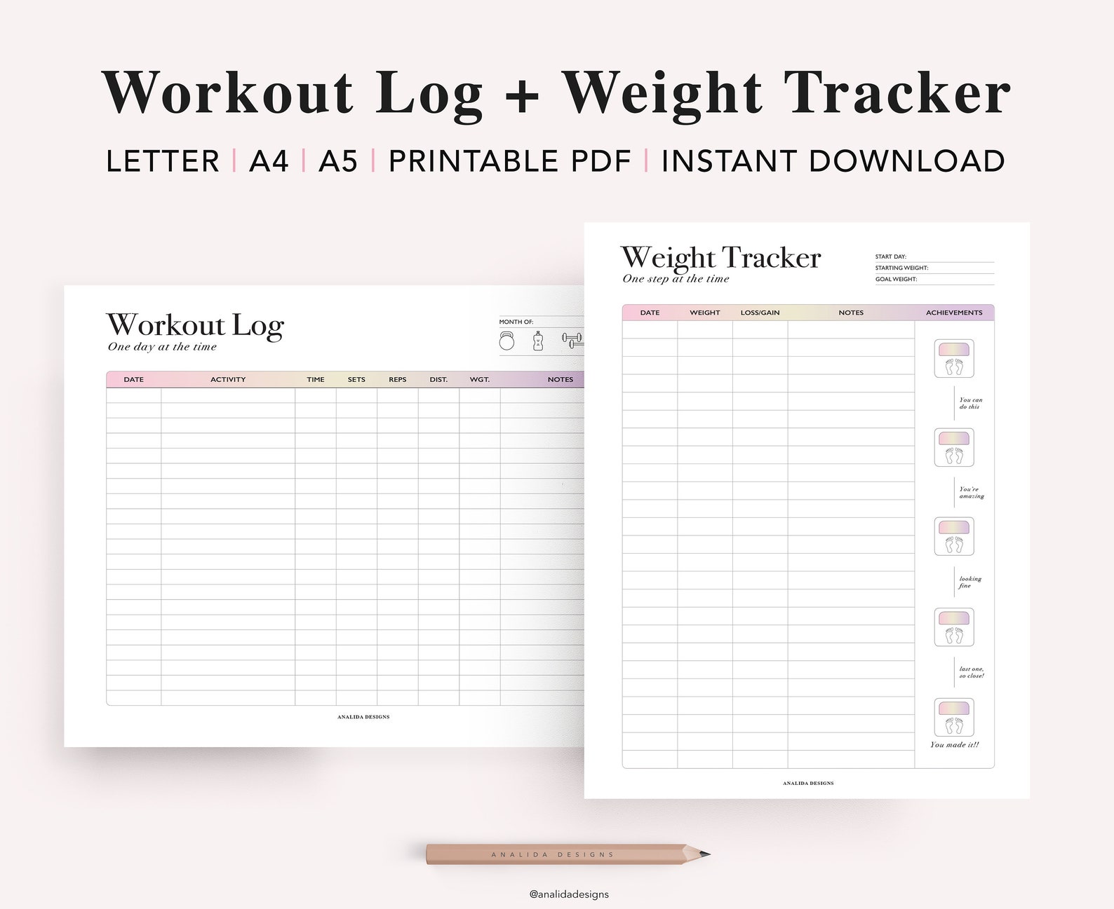 Fitness Planner Printable: Weight Loss, Workout, Meal Journal (A5, A4 ...