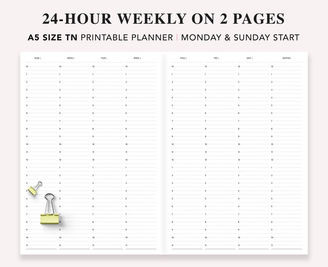 A5 Travelers Notebook Weekly Planner: 24-hour Schedule (digital ...